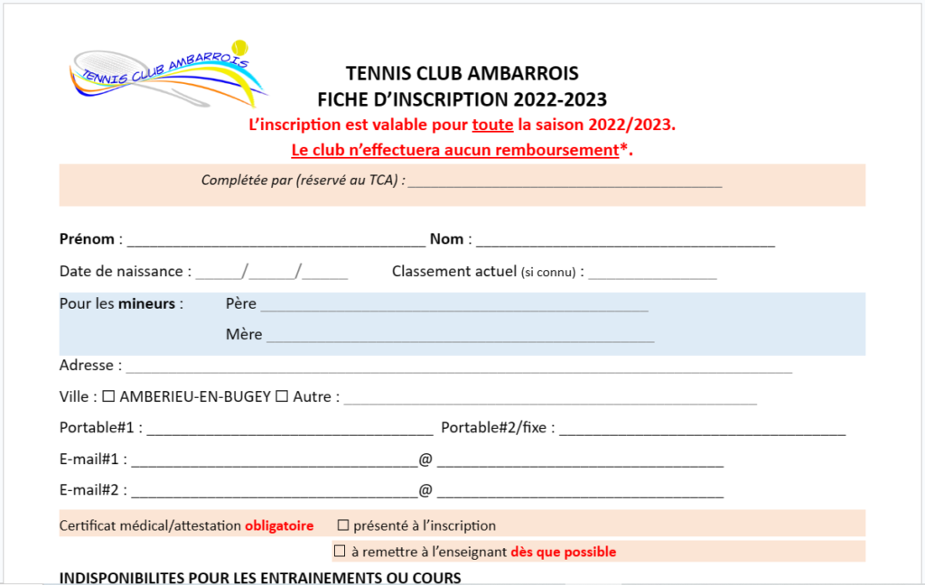 Fiche d'inscription - Sportyneo
